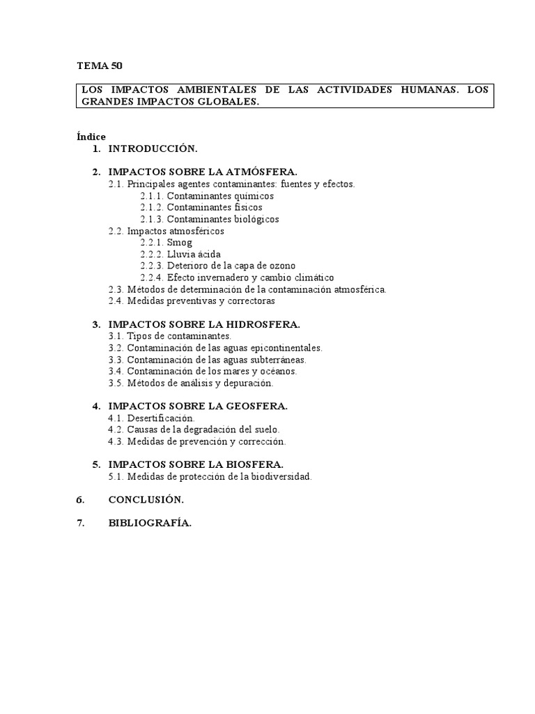 TEMA 50. Los Impactos Ambientales de Las Actividades Humanas | PDF