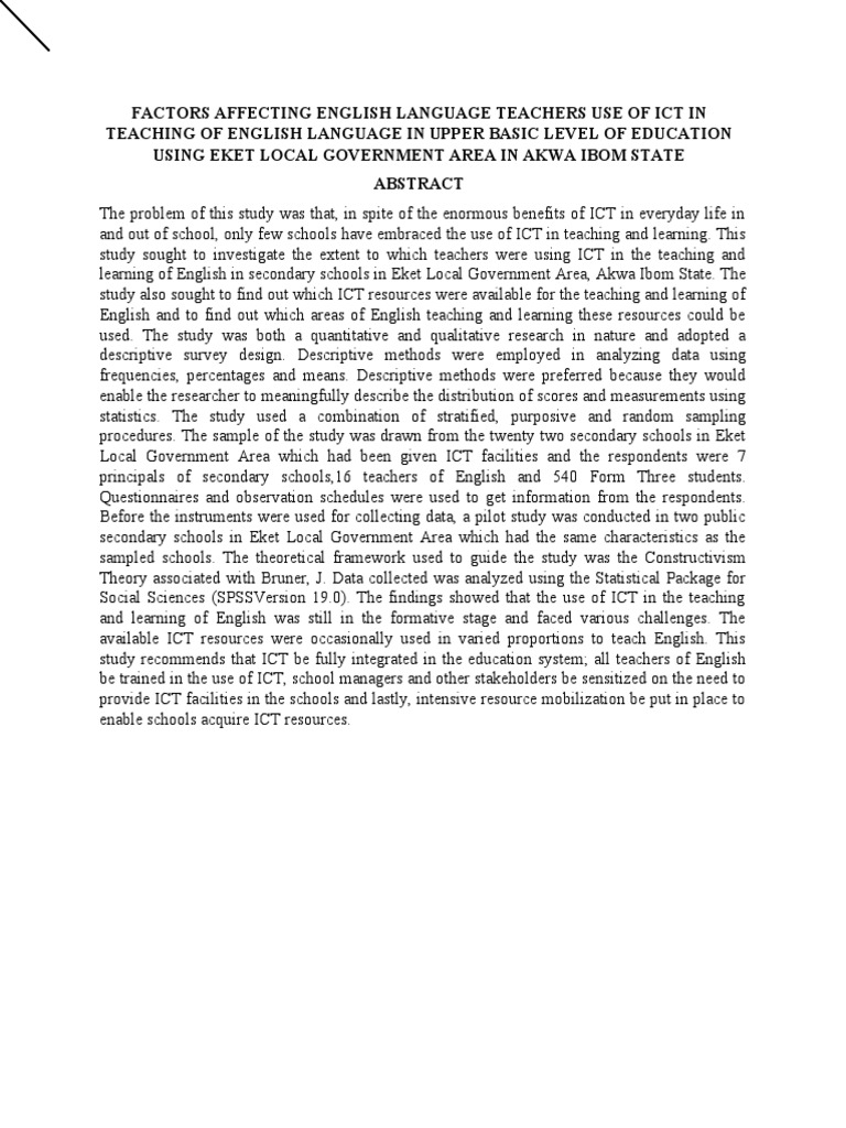 Factors Affecting English Language Teachers Use of Ict in Teaching of ...