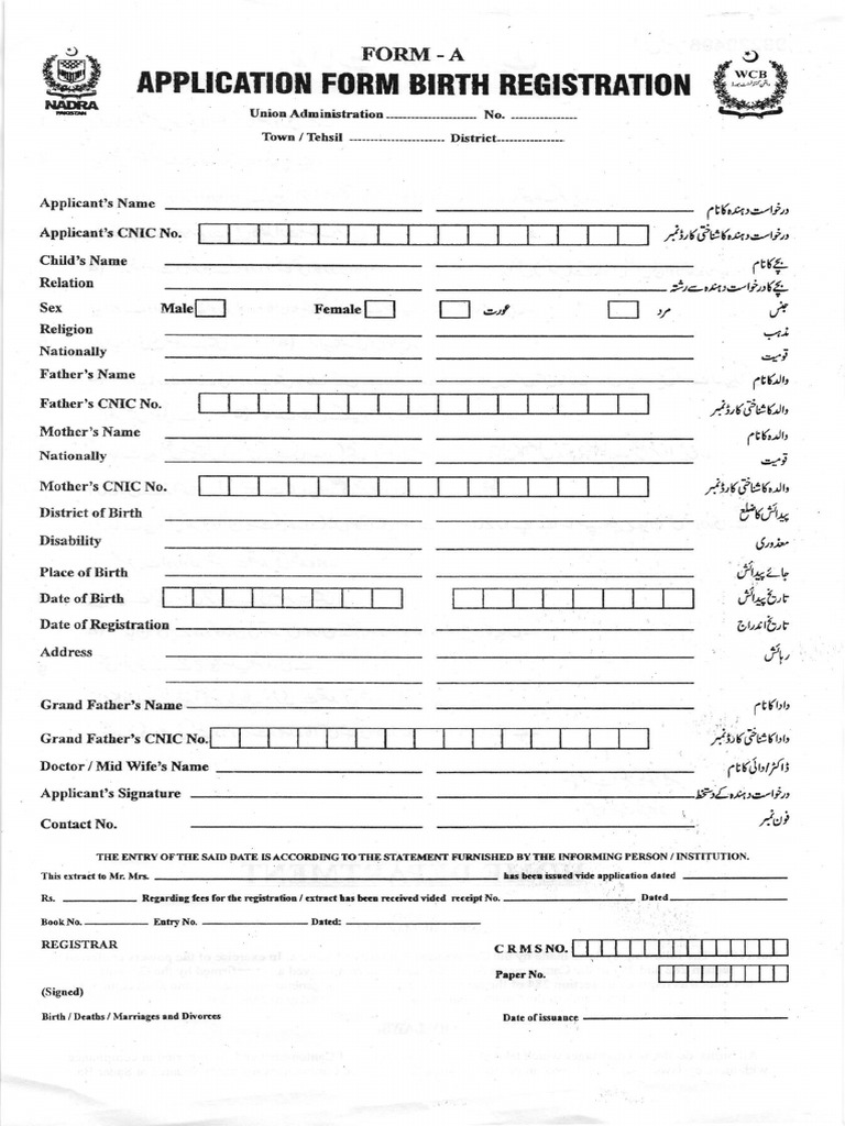 Birth Registration Form for Lahore | PDF