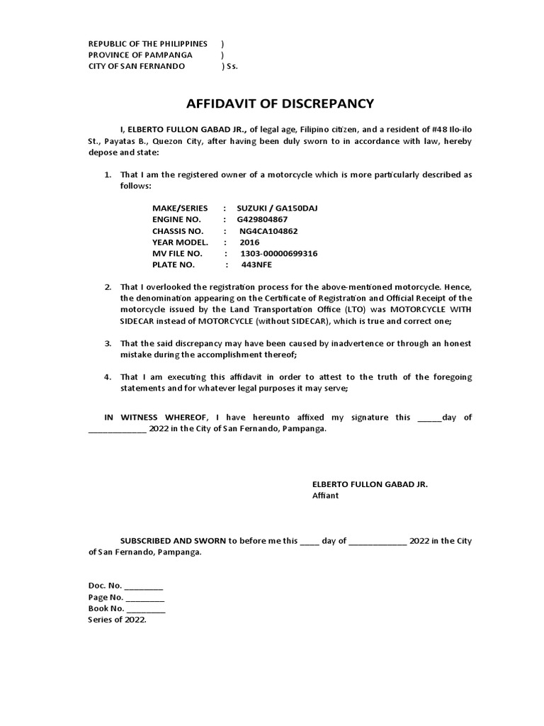 Affidavit of Discrepancy LTO | PDF