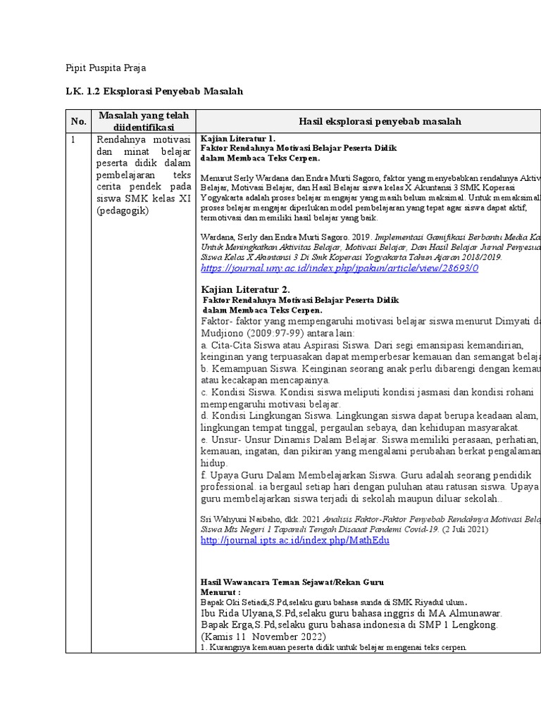 LK. (Tugas 2) 1.2 Eksplorasi Penyebab Masalah - PIPIT ASLI 7.MASALAH | PDF