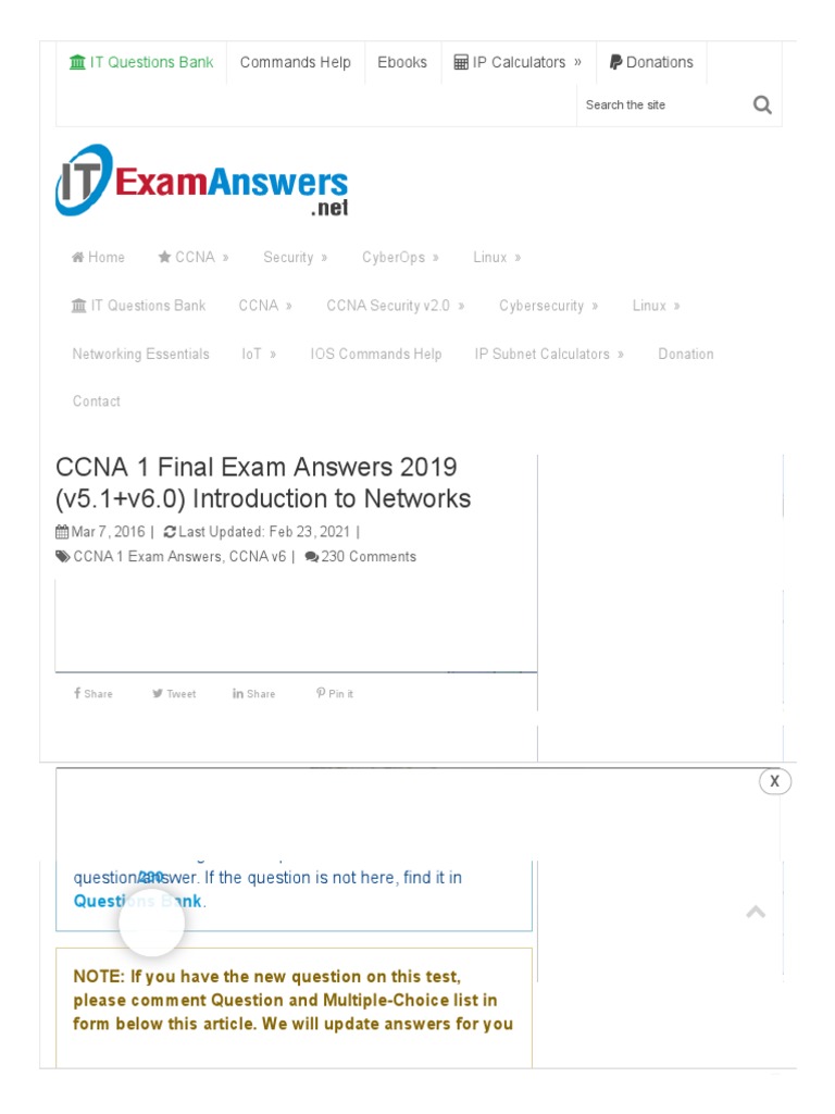CCNA 1 Final Exam Answers 2019 (v5.1+v6.0) Introduction To Networks | Download Free PDF ...