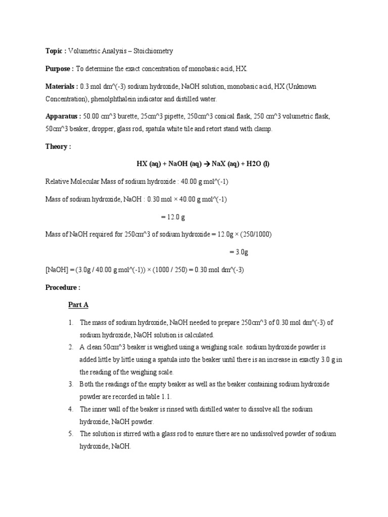 Determining the Concentration of an Unknown Monobasic Acid Through ...