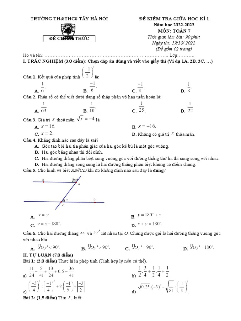 De Giua Hoc Ki 1 Toan 7 Nam 2022 2023 Truong TH Thcs Tay Ha Noi | PDF