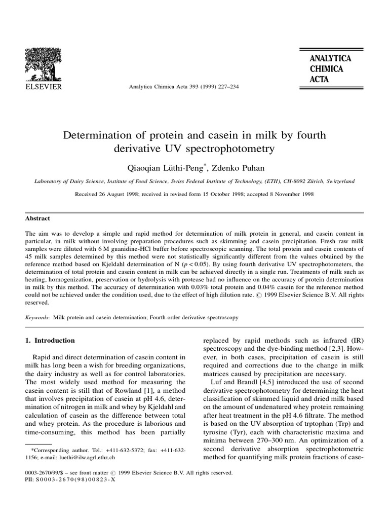 Determination Of Protein And Casein In Milk By Fourth Derivative Uv Spectrophotometry Pdf