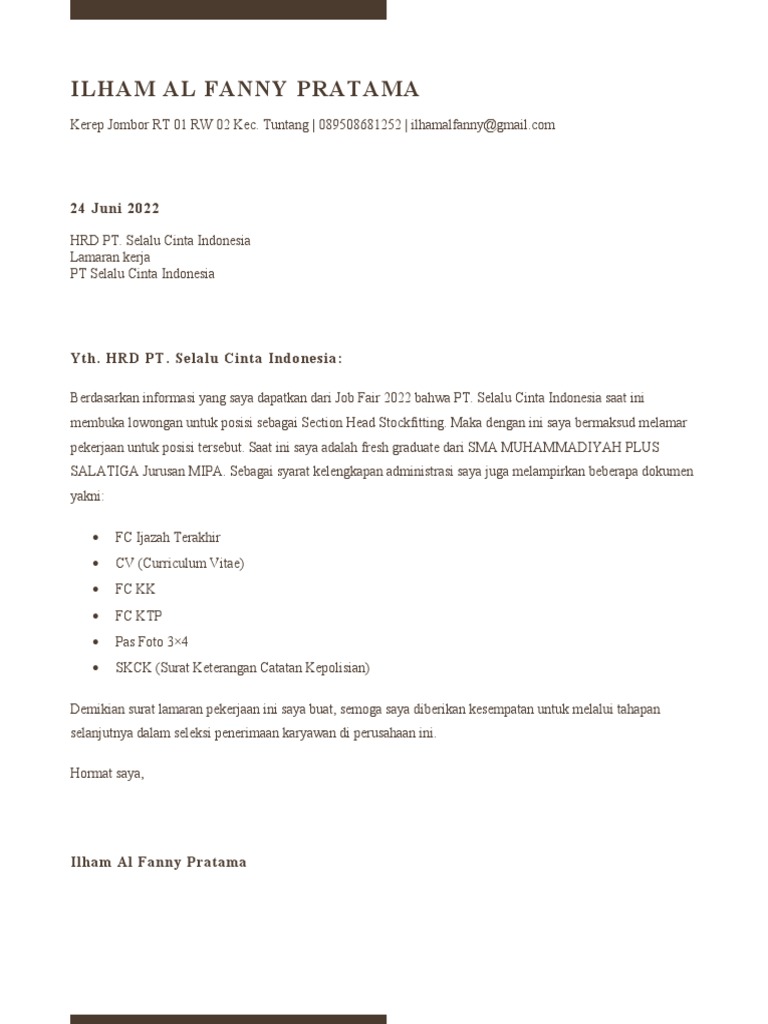 Surat Lamaran PT. SCI | PDF