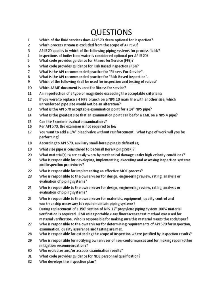 Sample Questions For API 570 E | PDF | Pipe (Fluid Conveyance ...