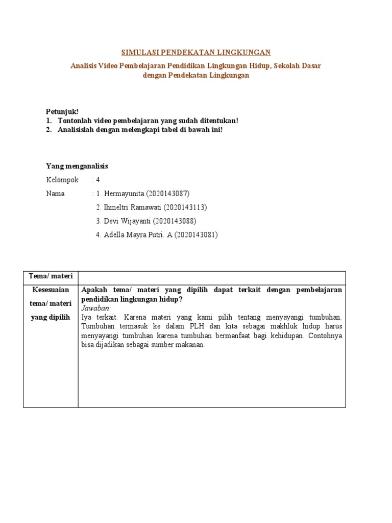 SIMULASI PENDEKATAN LINGKUNGAN HIDUP. Kelompok 4 | PDF