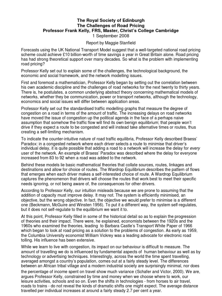 The Challenges of Road Pricing Professor Frank Kelly, FRS | PDF ...