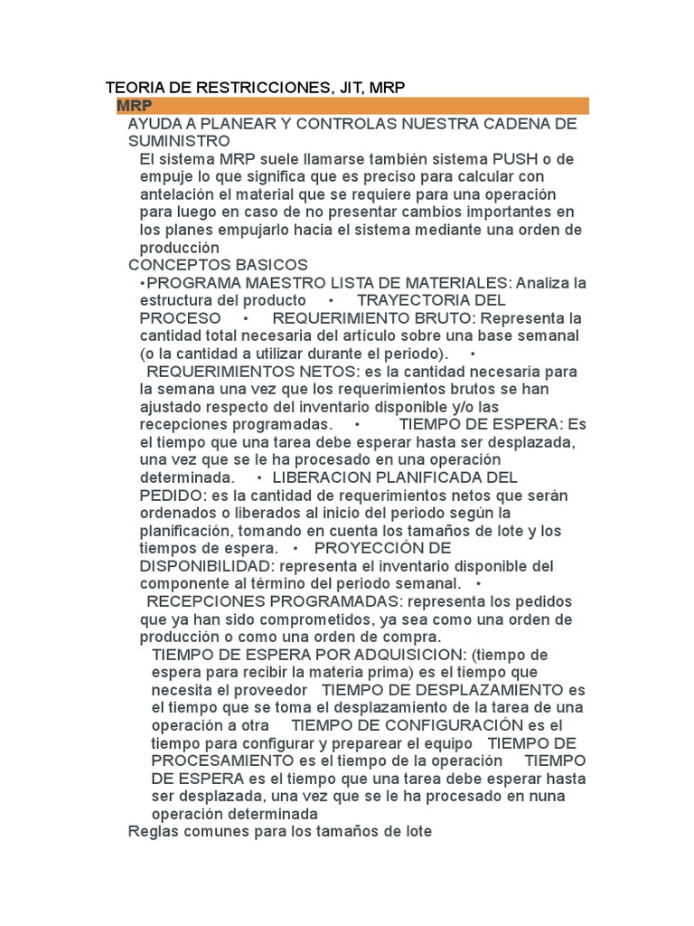 Teoria de Restricciones, Jit, MRP | PDF | Lean Manufacturing | Calidad (comercial)