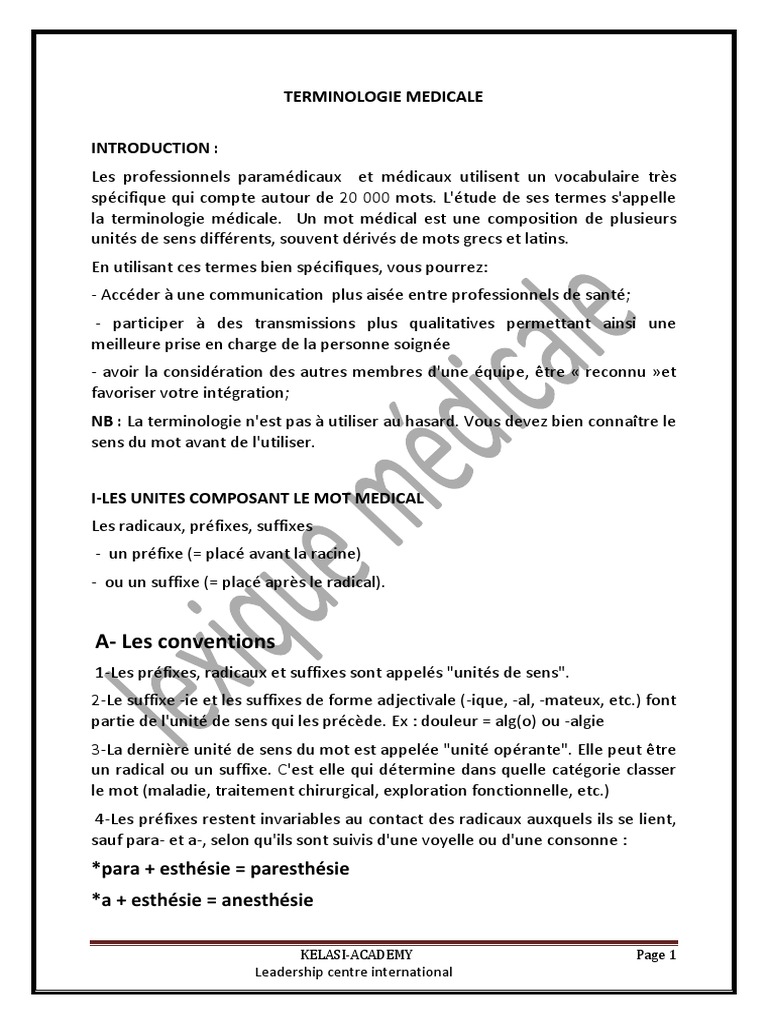 Cours de Terminologie Médicale PDF | PDF | Spécialités médicales ...
