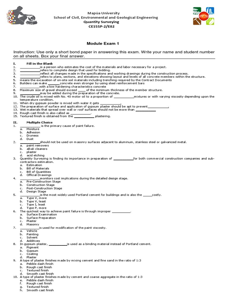 CE155P Module Exam 1 | PDF | Concrete | Plaster