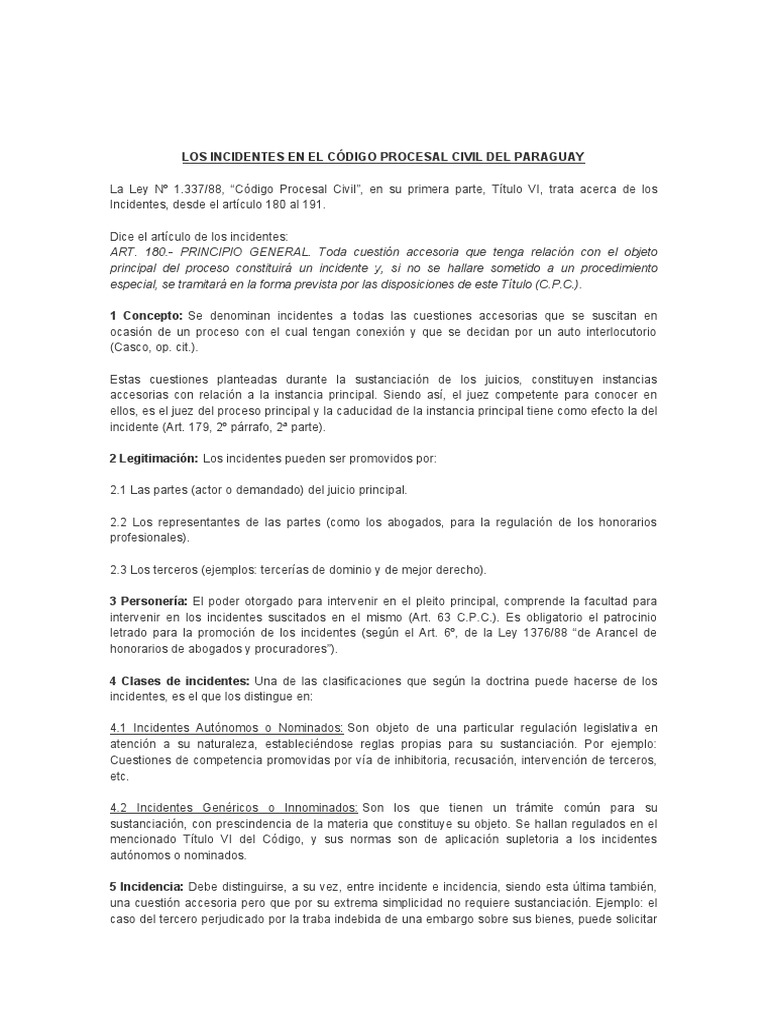 Los Incidentes en El Código Procesal Civil Del Paraguay | PDF Los Incidentes en El Código Procesal Civil Del Paraguay | PDF
