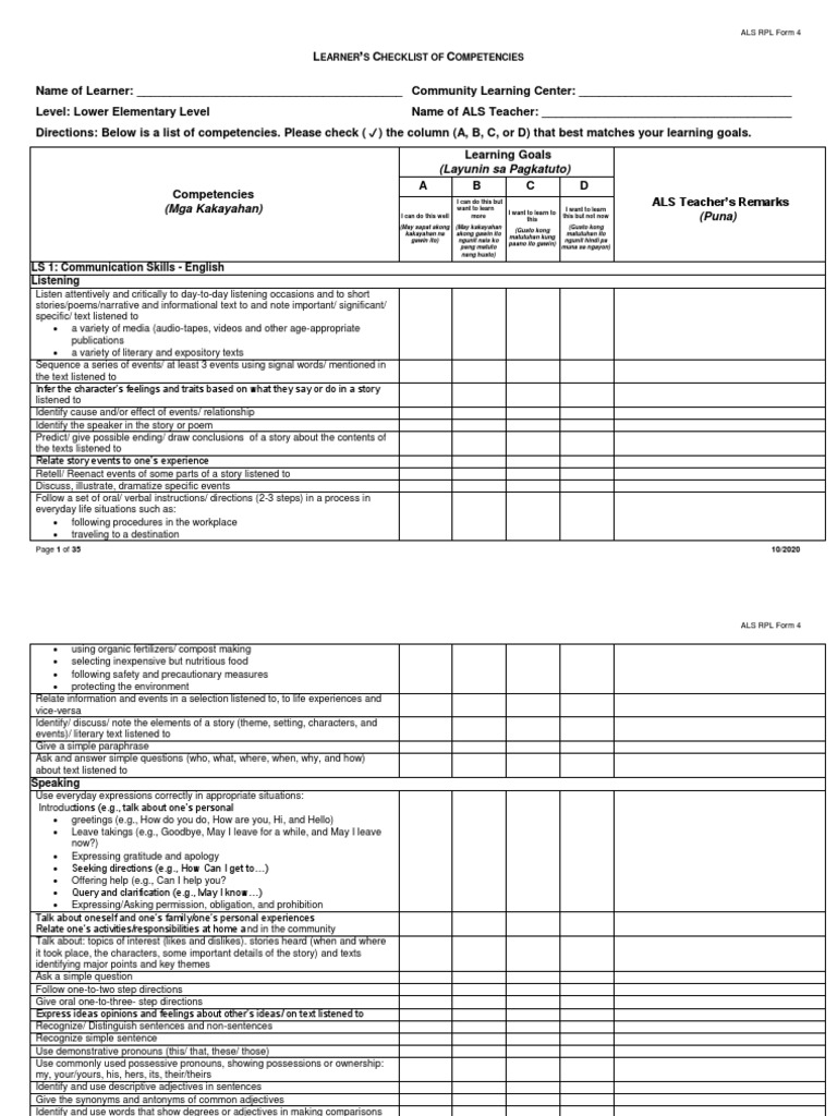 RPL Form 4 LEL Learners Checklist of Competencies | PDF