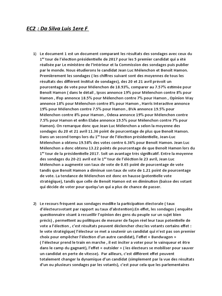 Exemple EC2 S.E.S Lycée 1ere | Descargar gratis PDF | Sondage d'opinion | Vote