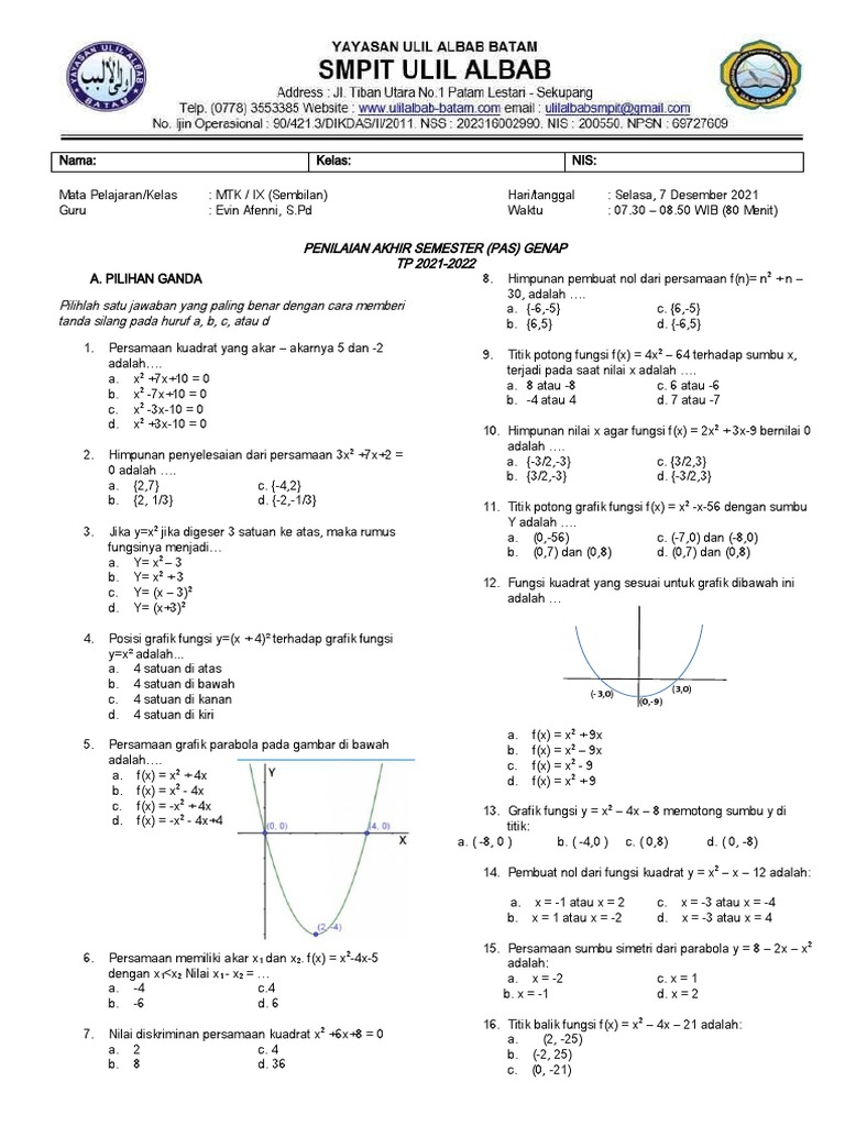 PAS MTK KELAS 9 GANJIL 20212022 (AutoRecovered) | PDF