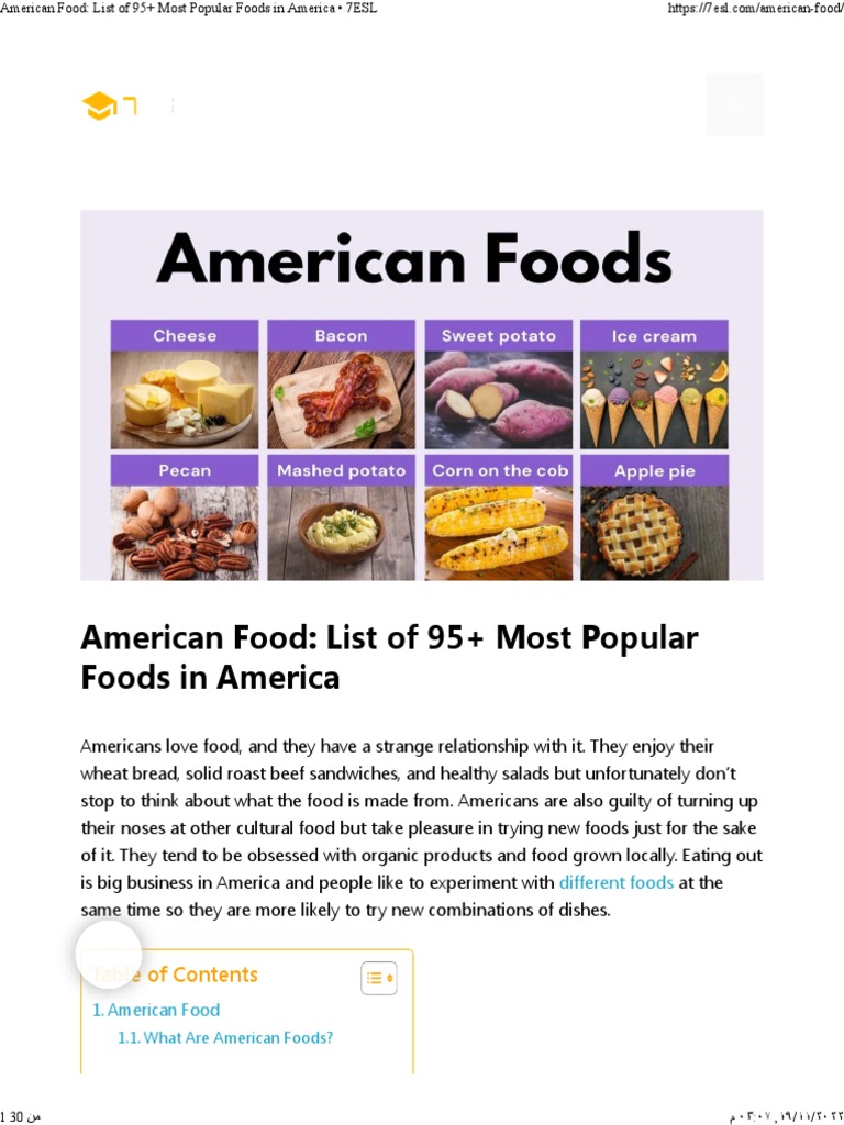 American Food List of 95+ Most Popular Foods in America - 7ESL | PDF