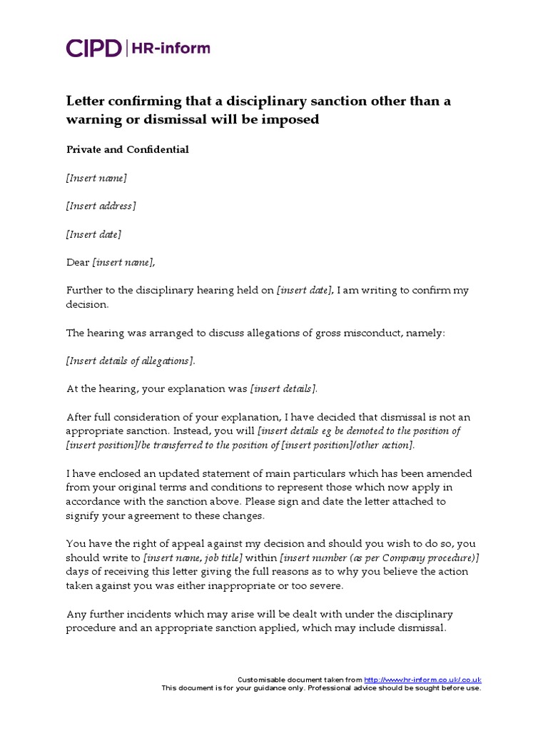 Letter Confirming That A Disciplinary Sanction Other Than A Warning of ...