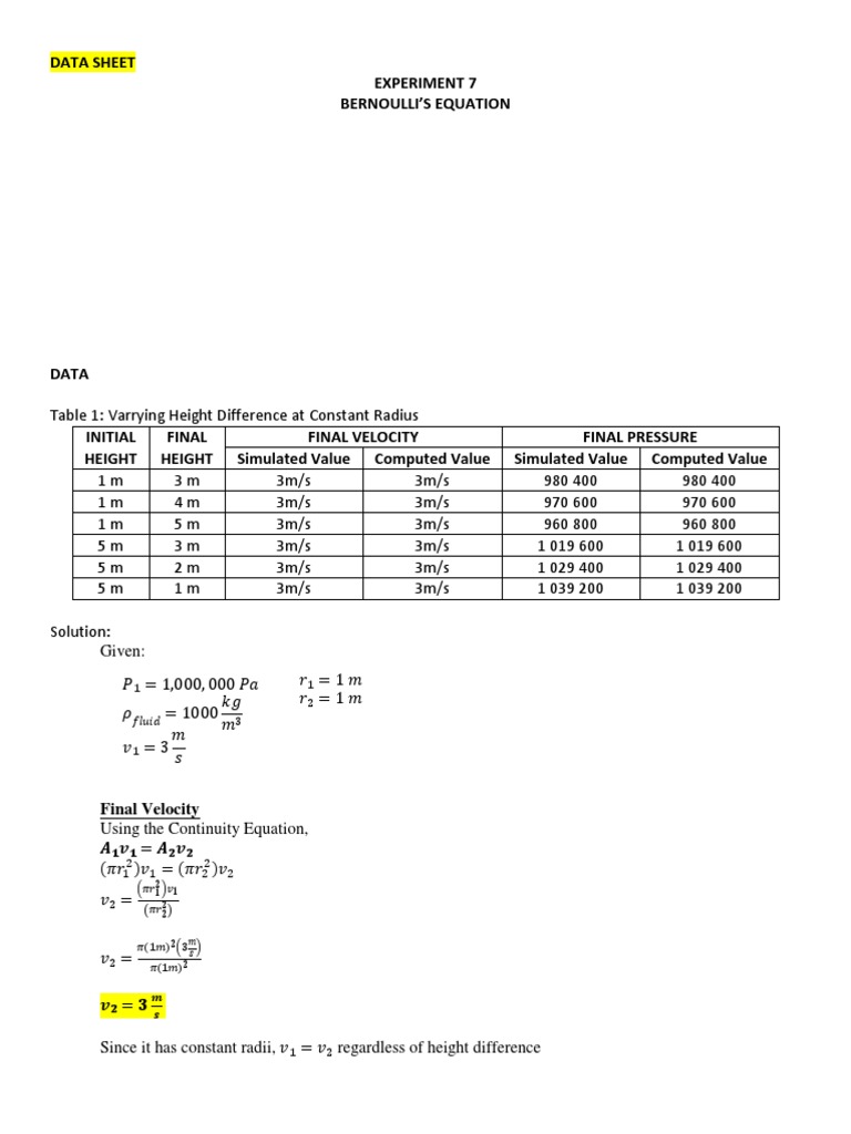 Bernoulli's Equation Experiment | PDF
