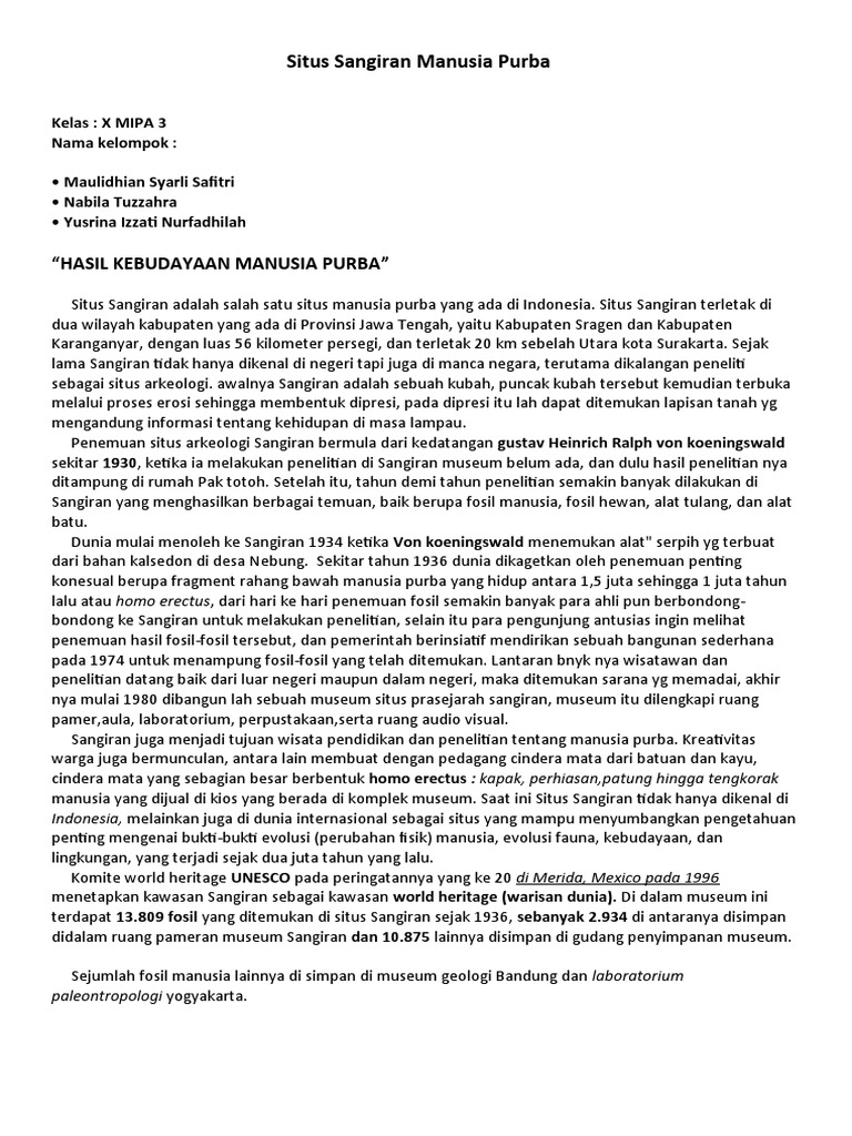 Situs Sangiran Manusia Purba Shrly | PDF