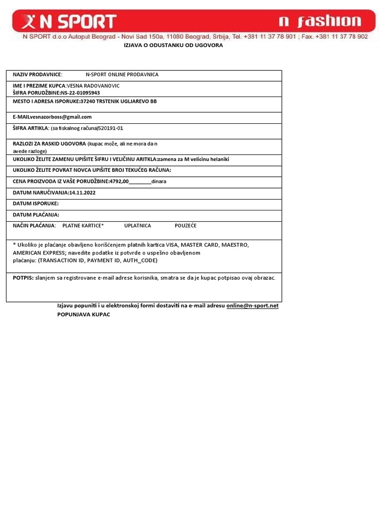 Obrazac Za Odustanak Od Ugovora (08B) | PDF