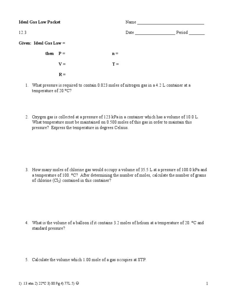 Ideal Gas Law Packet | PDF | Gases | Mole (Unit)