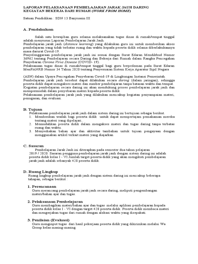 Laporan Pelaksanaan Pembelajaran Jarak Jauh Daring | PDF