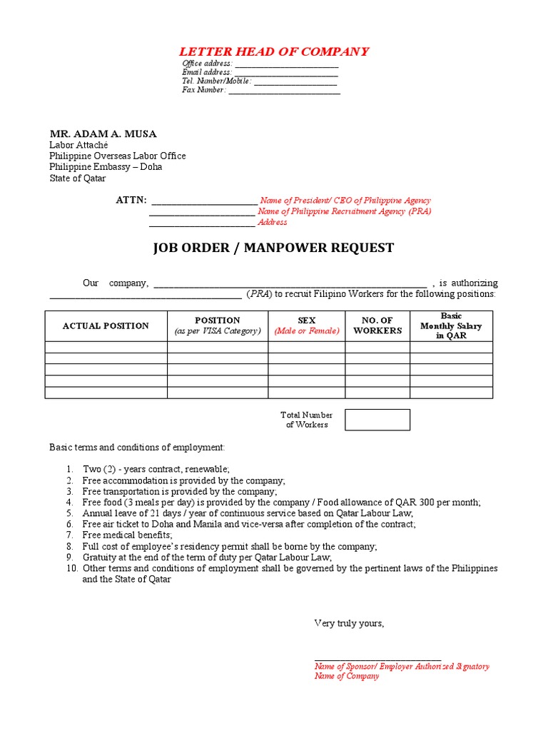 Job Order Form For Philippines in Qatar | PDF