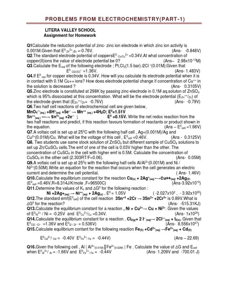 Electrochemistry Problem Set | PDF | Electrochemistry | Electrical ...