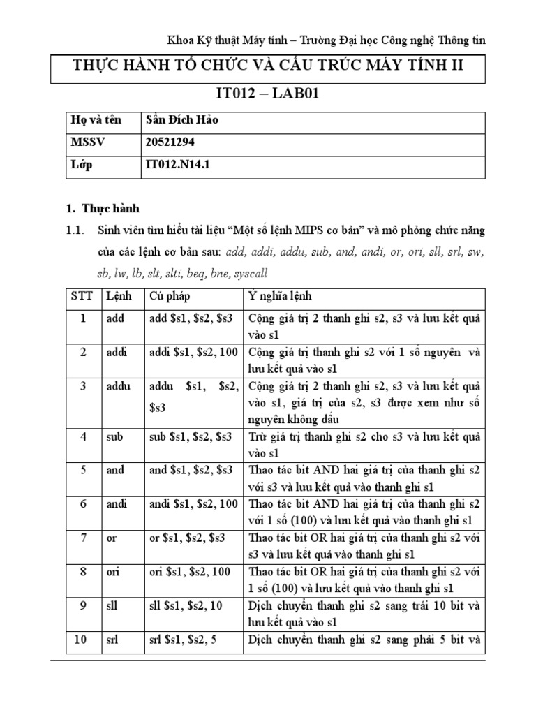 Thực Hành Tổ Chức Và Cấu Trúc Máy Tính Ii IT012 - LAB01 | PDF