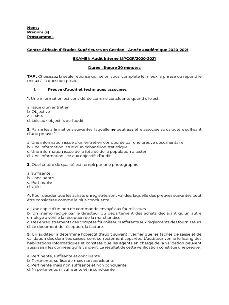 Examen Audit Interne Mpacg 2 2021 | PDF | Contrôle interne | Audit