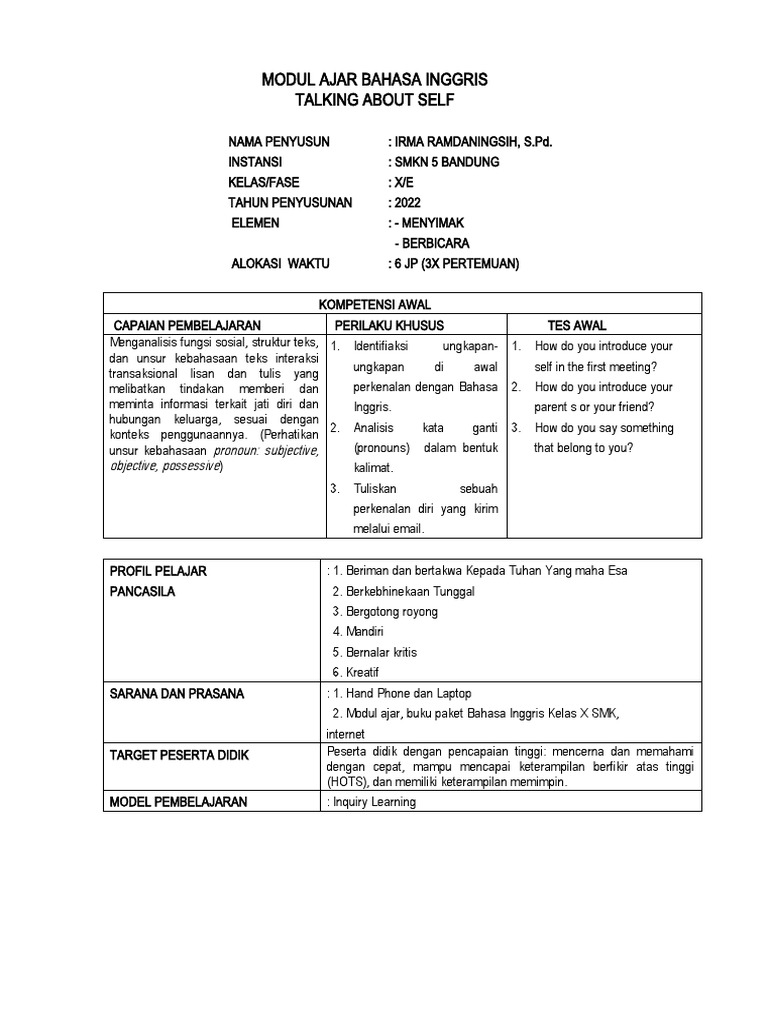Modul Ajar Kelas X Lesson 1 Introduction | PDF