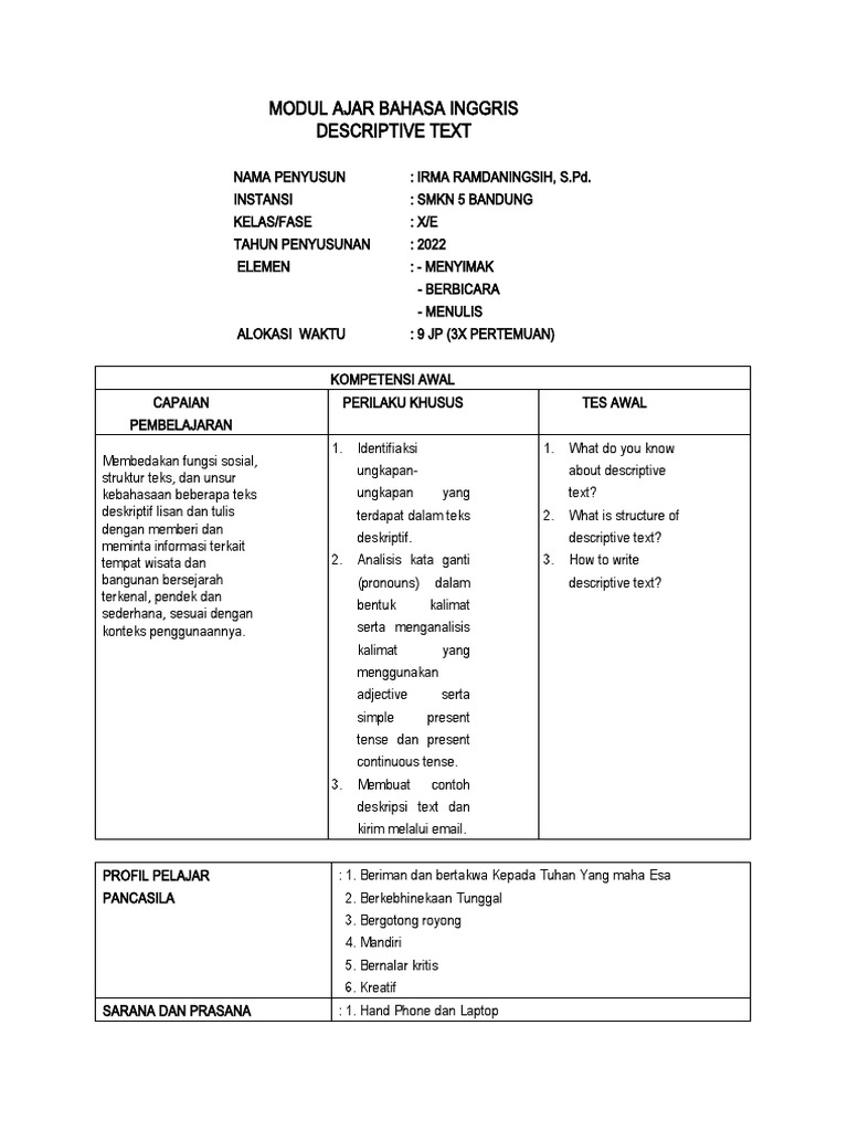 Modul Ajar Kelas X Lesson 4 Descriptive | PDF | Seni & Disiplin Bahasa