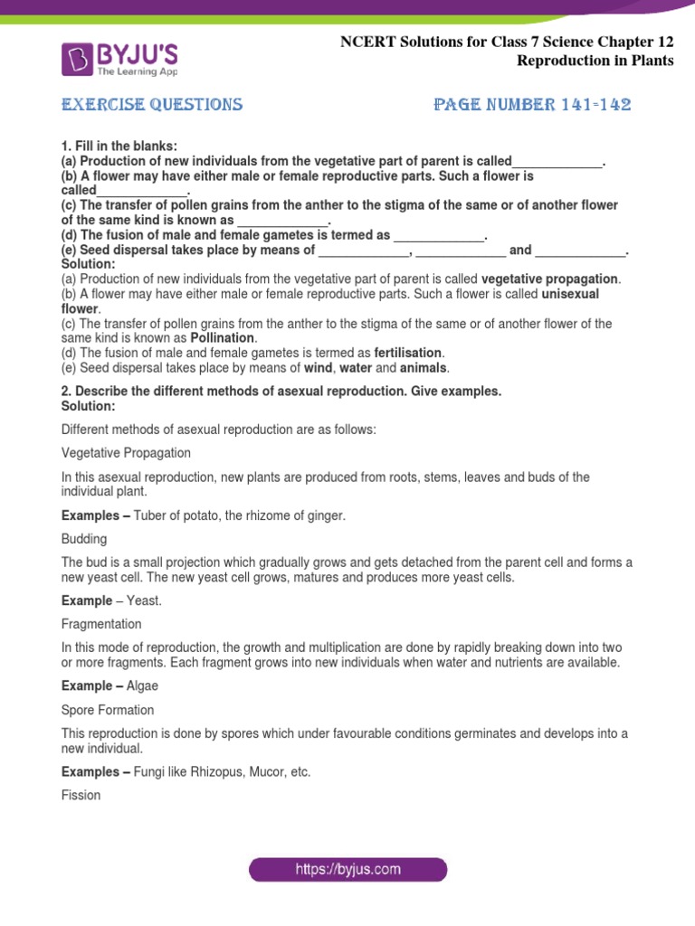 Ncert Solutions Jan27 For Class 7 Science Chapter 12 Reproduction in ...
