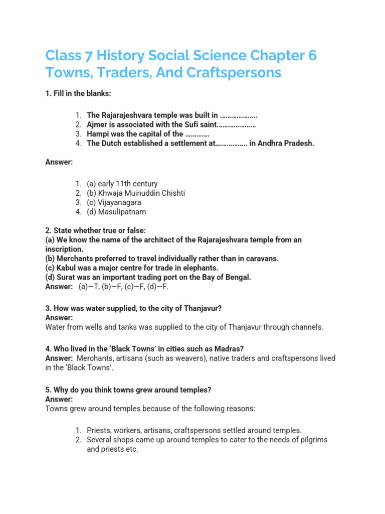 Class 7 History Social Science Chapter 6 Towns, Traders, and ...
