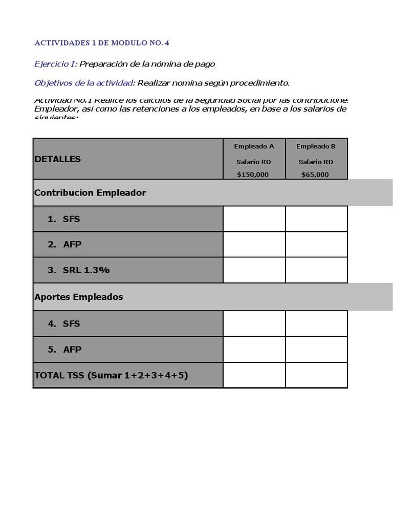 Plantilla Actividades 2 y 3 Modulo 4 Nomina de Pago, TSS y ISR | PDF