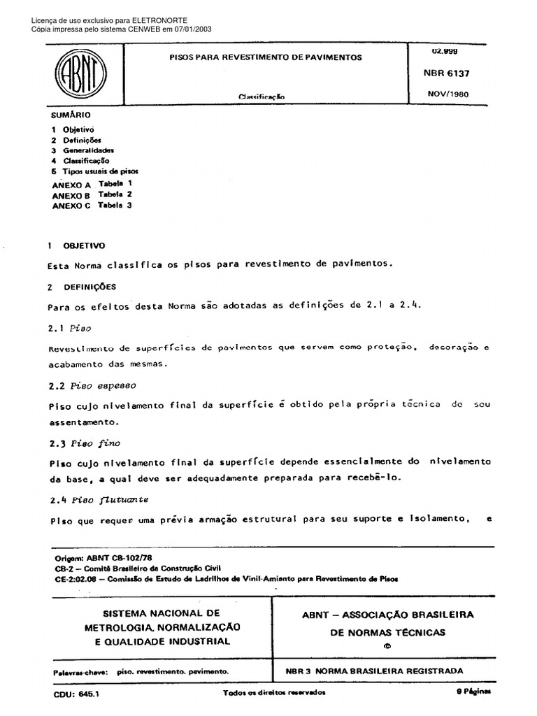 NBR 6137 80 - Pisos para Revestimento de Pavimentos | PDF
