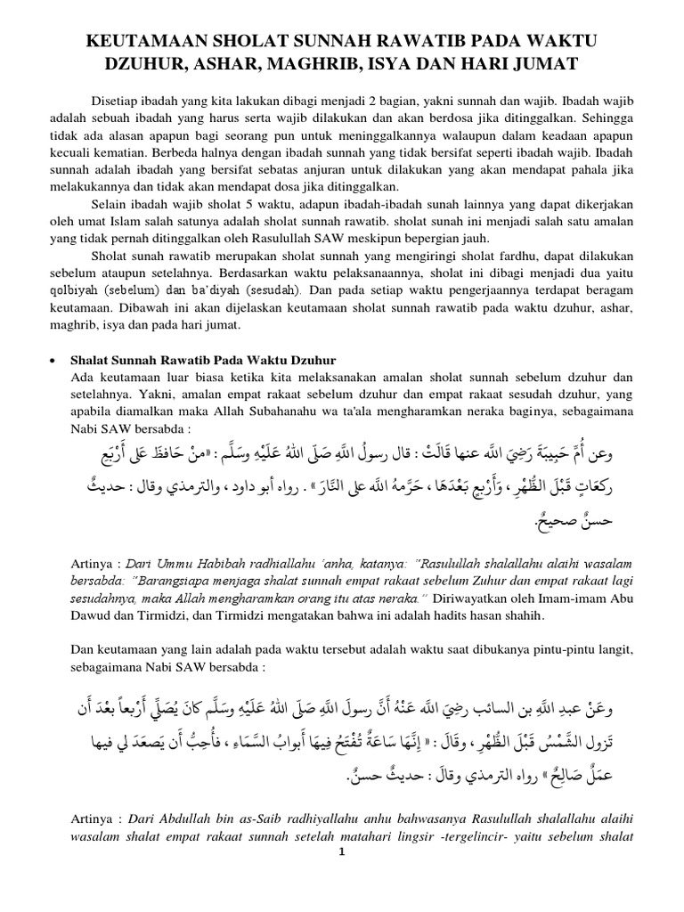 Keutamaan Sholat Sunnah Rawatib Pada Waktu Dzuhur, Ashar, Maghrib, Isya ...