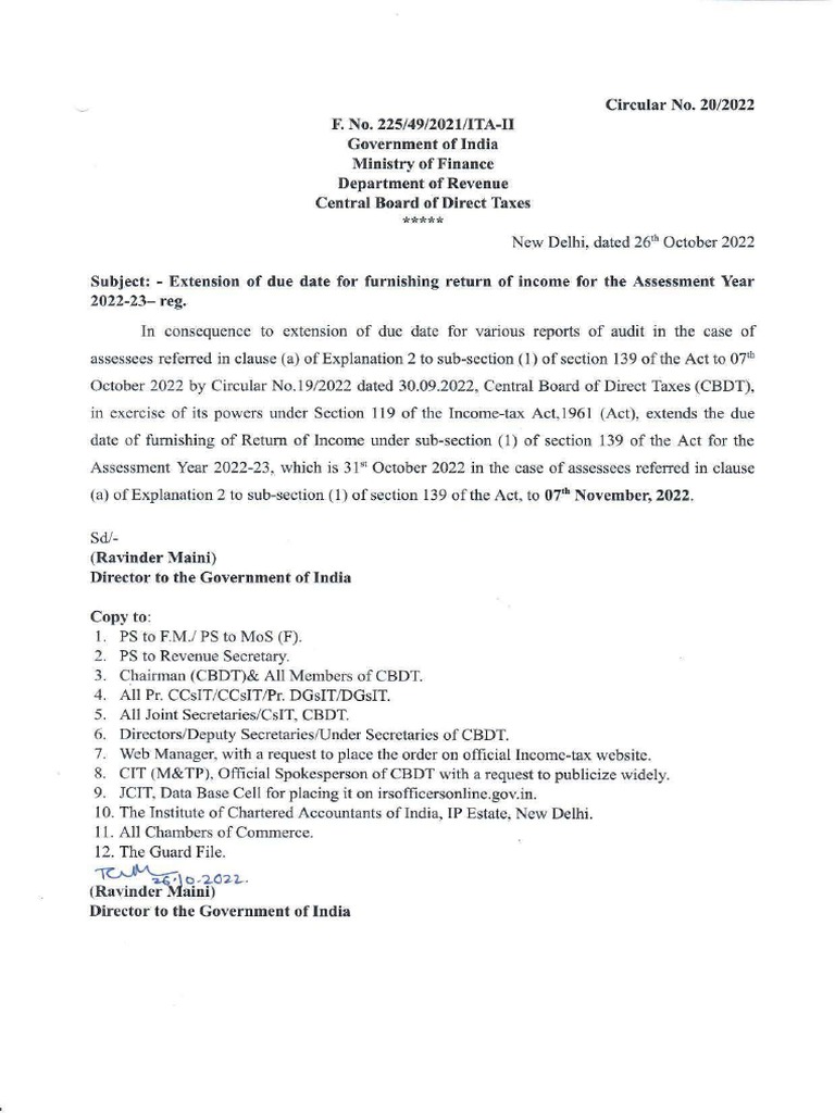 CBDT Income Tax Circular 20 2022 | PDF