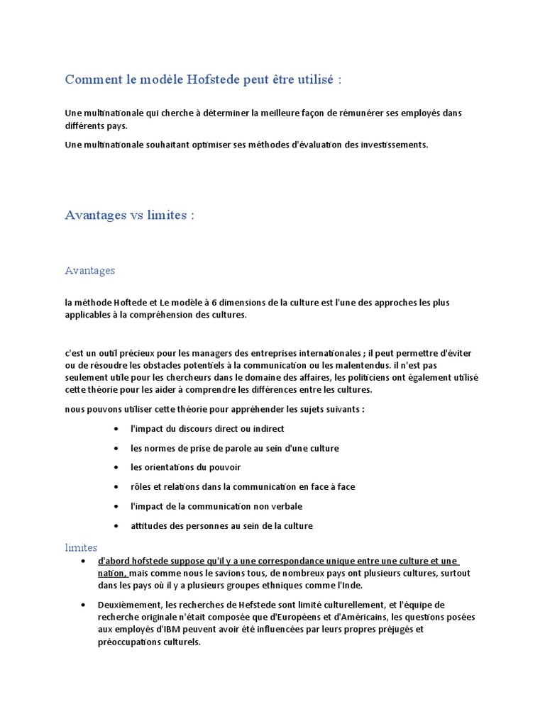 Comment Le Modèle Hofstede Peut Être Utilisé:: Avantages | PDF