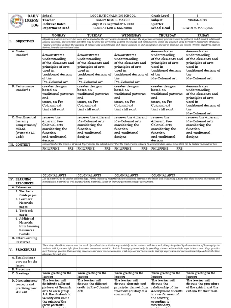 Visual Arts 9 Week-1-August 29-September 2, 2022 | PDF | Learning ...