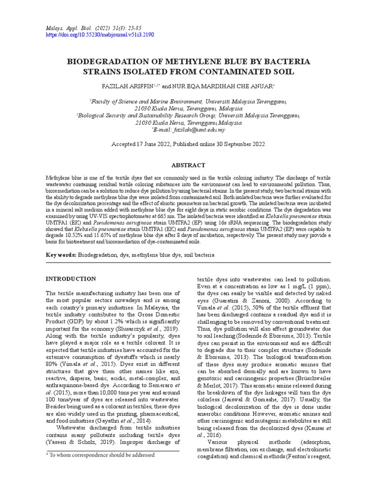 Biodegradation of Methylene Blue by Bacteria Strains Isolated From Contaminated Soil | PDF ...