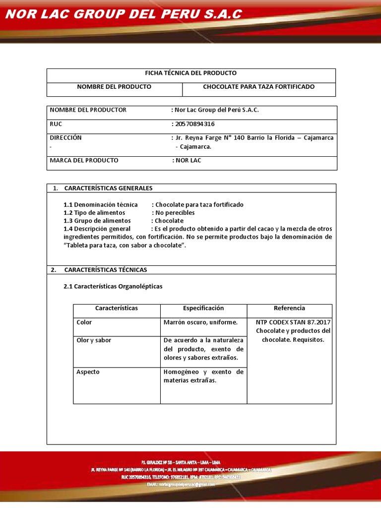 Ficha Tecnica de Chocolate para Taza Fortificado. | PDF | Chocolate | Alimentos