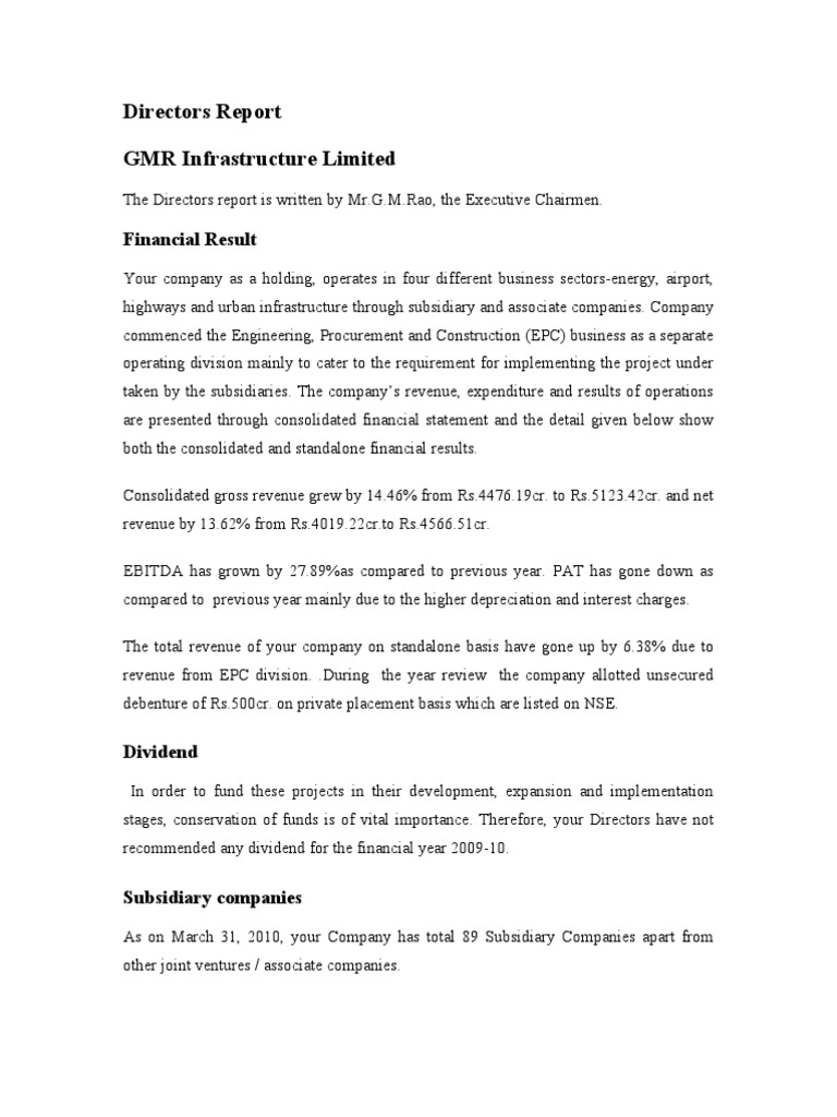 Directors Report GMR Infrastructure Limited: Financial Result | PDF ...