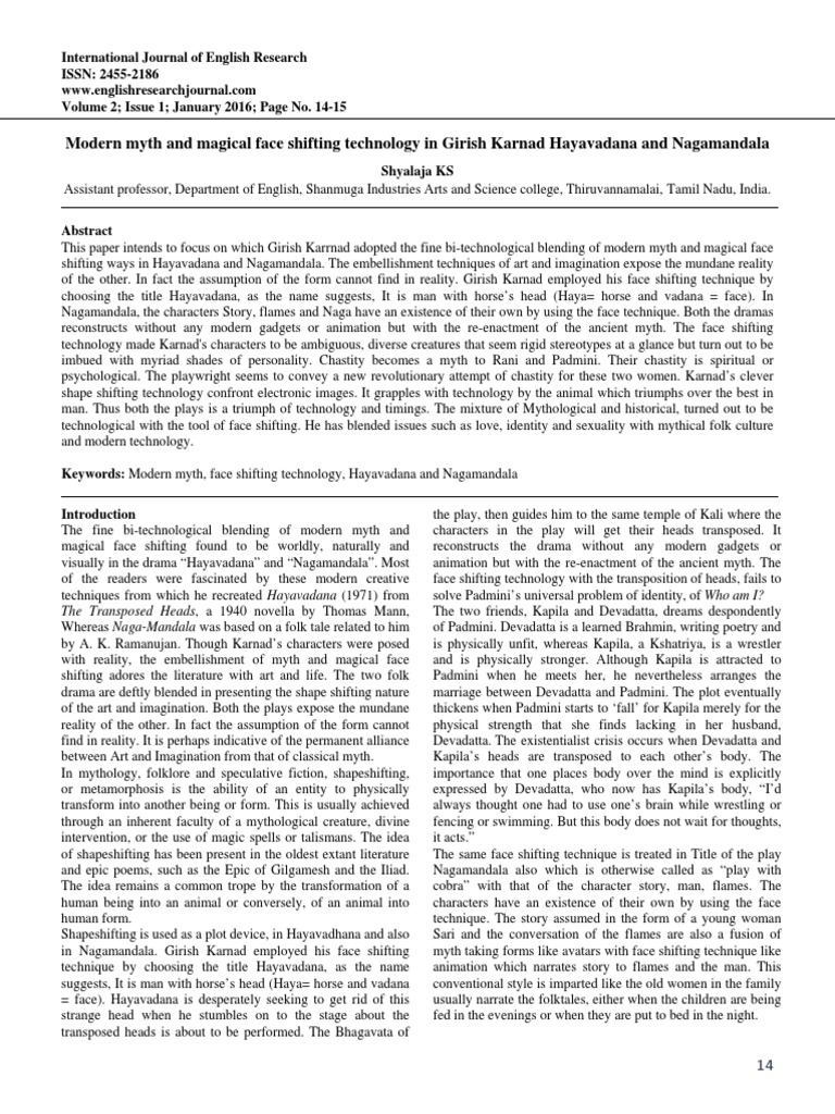 Modern Myth and Magical Face Shifting: An Analysis of Girish Karnad's ...