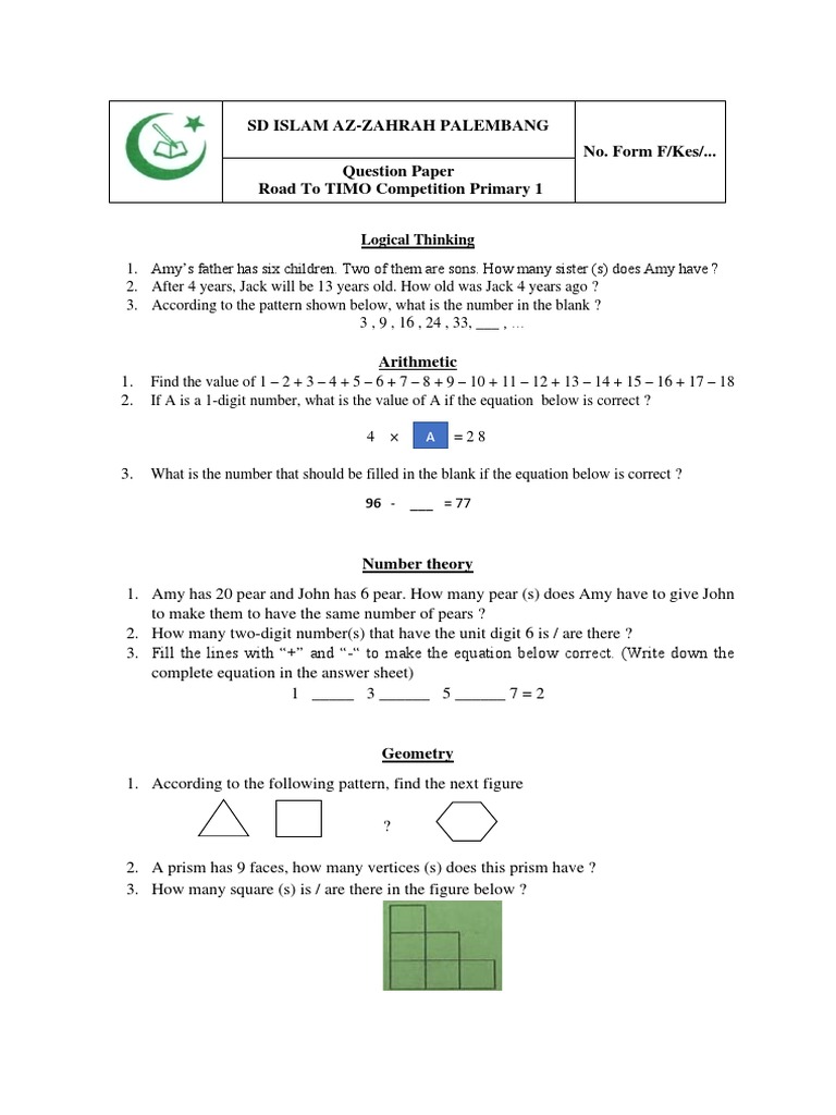 soal seleksi timo primary 1 | PDF