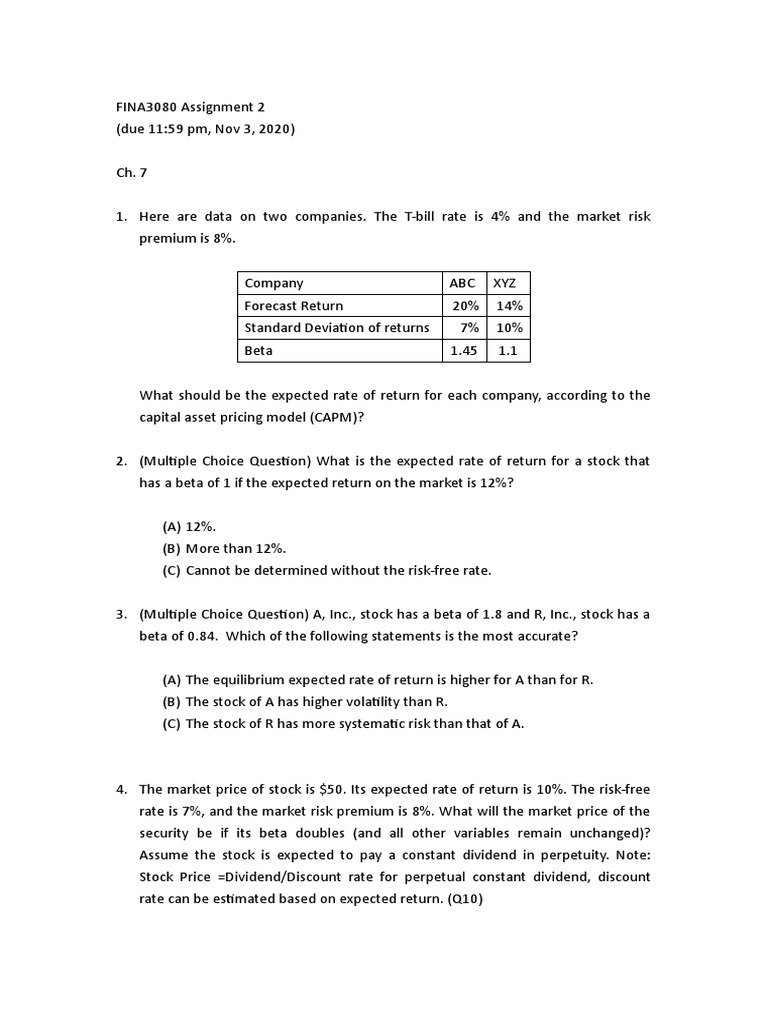 FINA3080 Assignment 2 Q | PDF | Beta (Finance) | Capital Asset Pricing Model