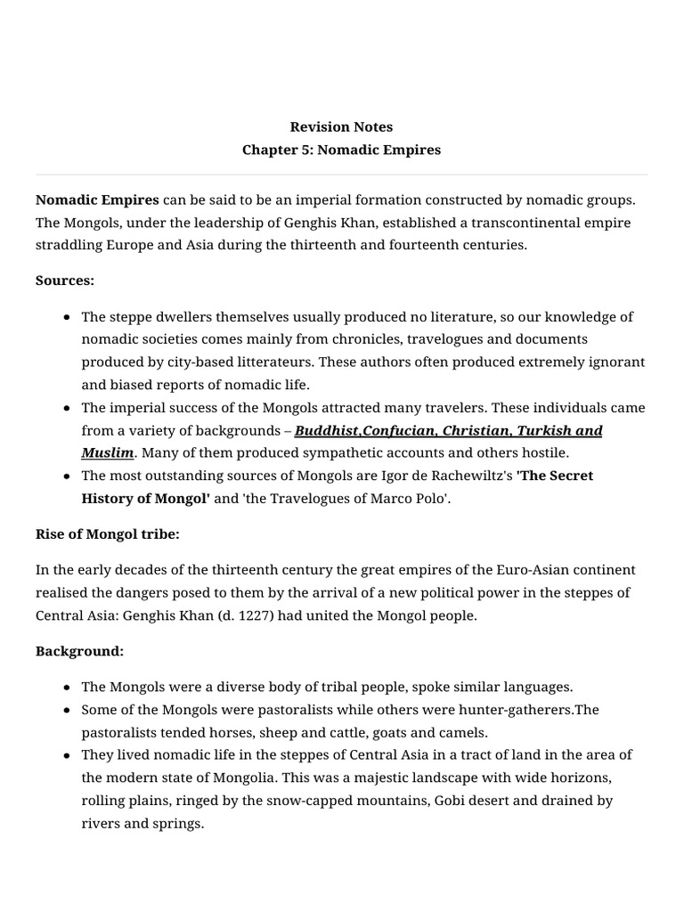 Chap 5 Revision Notes | PDF | Genghis Khan | Mongol Empire