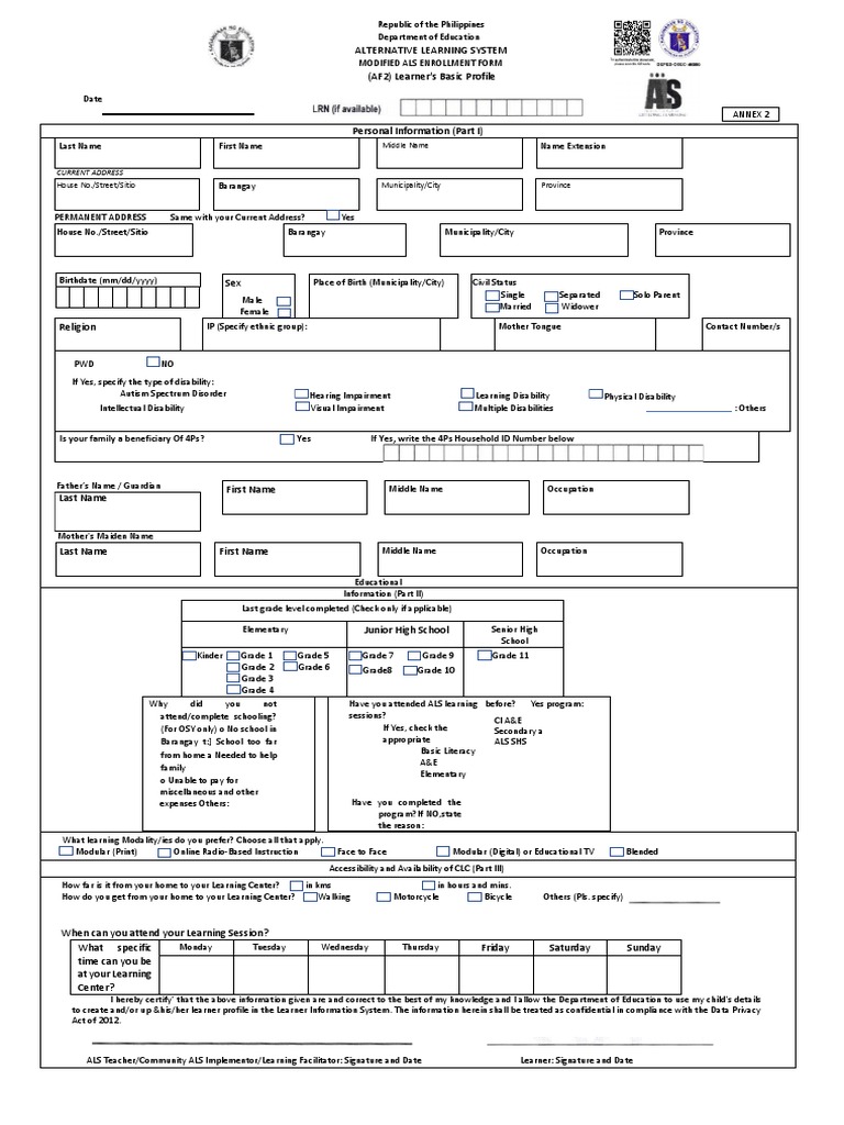 Modified ALS Enrollment Form 2025 | PDF | Disability | Learning