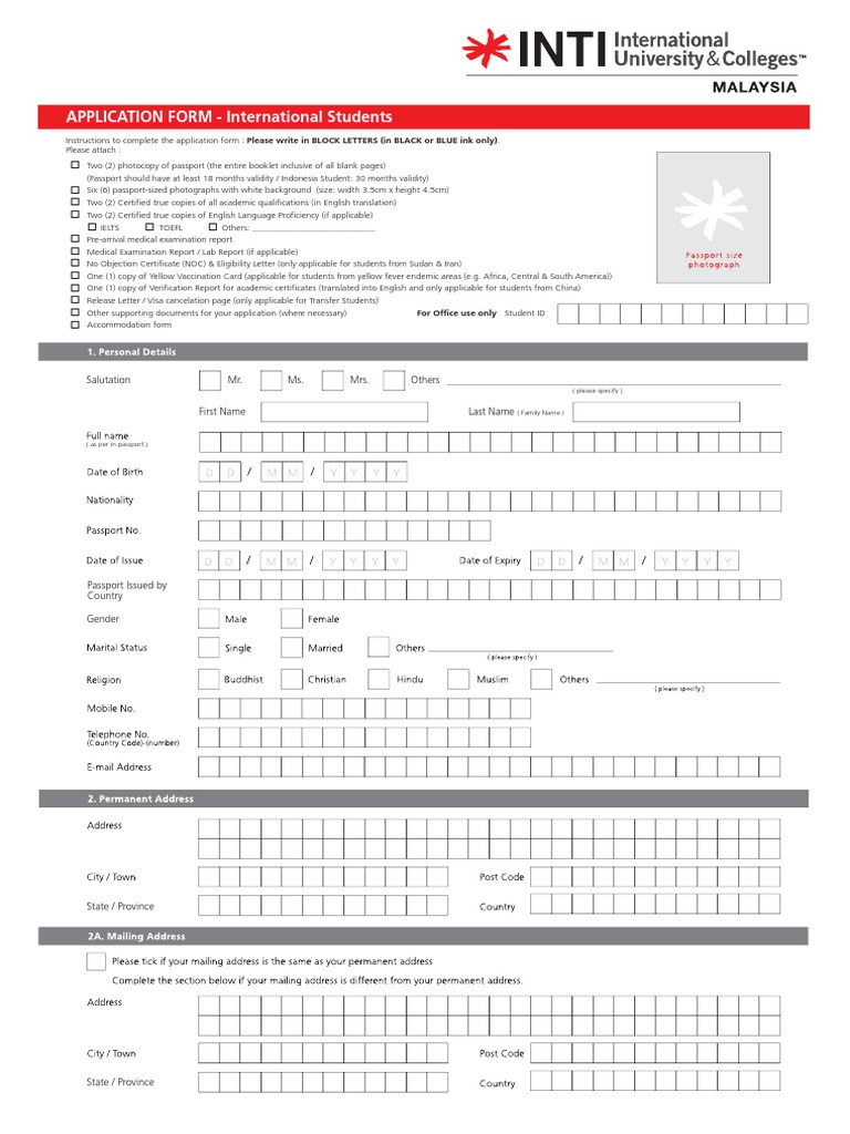 INTI International Students Application Form | PDF | Passport | Fee